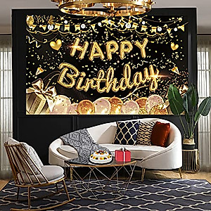 Homelove Birthday Banner,(71 x 43 Inch) Large Happy Birthday Backdrop Banner, Black Gold Balloon Photography Background Party Decorations for Party Favor Supplies Birthday Celebration