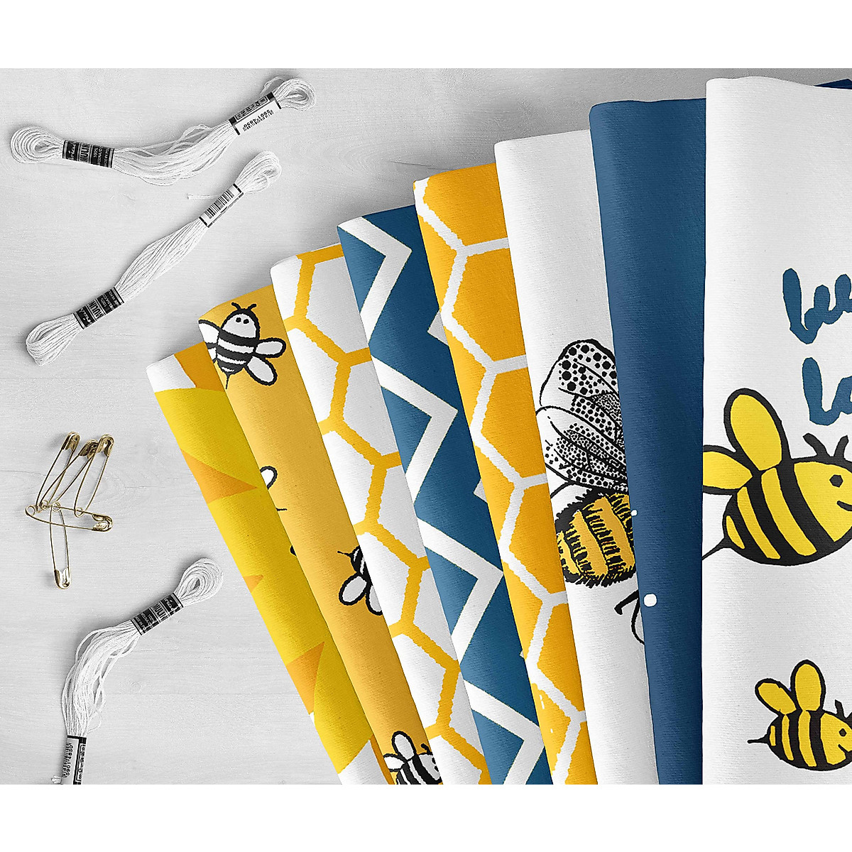 Soimoi 8 Pc Fat Quarter Bundle - Bee Print 18"x 22" DIY Patchwork- 100% Cotton Pre-Cut Quilting Fabric (Yellow & Blue)