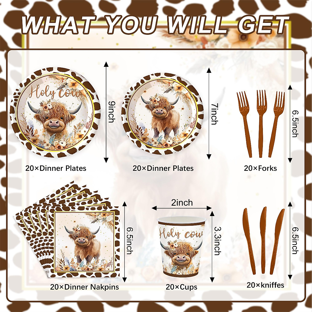 120PCS Boho Highland Cow Party Supplies for Boys girls Holy Cow Highland Themed Baby Shower Birthday Party Decorations Disposable Tableware Set Plates Napkins Cups Set for 20 Guests