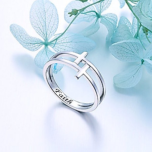 Inspirational Jewelry Sterling Silver Engraved Faith Double Cross Ring Christian Fashion Wedding Engagement Band, Size 6-8 (8)