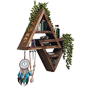 FM Moon Phase Triangle Shelf with Hooks - Moon Shelf for Crystal Display - Jewelry Hanger Key Holder - Aesthetic Room - Boho Moon Decor - Farmhouse Wall Decor (Small, Dark Brown)