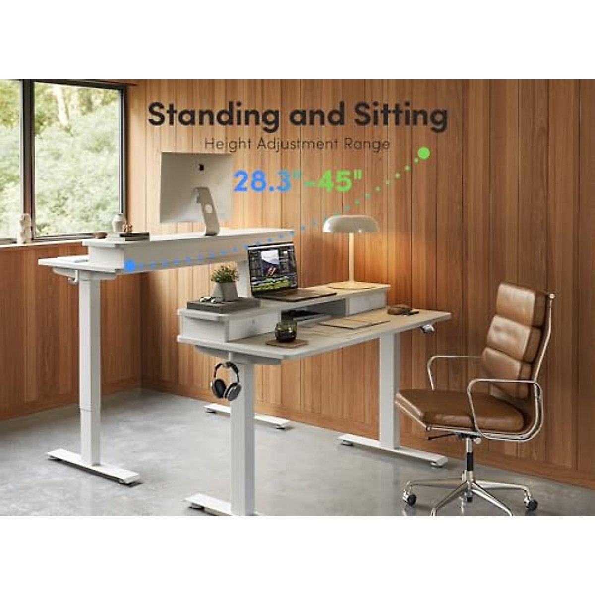 FEZIBO 55 x 24 Inch Height Adjustable Electric Standing Desk with Double Drawer, Stand Up Desk with Storage Shelf, Sit Stand Desk, White