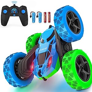 cosone Remote Control Car Toys for Boys - 4WD 2.4Ghz Double Sided 360° Rotating All Terrain RC Cars with Cool Lights, Kids Birthday for Boys-Blue&Green