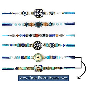 SATVIK 5 Pc Evil Eye Rakhi for Brother Bhaiya Bhabhi Traditional Handmade Assorted Designer Rakhi Set Roli Chawal, Greeting Card & Soun Stickers Rakhi Thread Rakhdi Bracelets Rakshabandhan