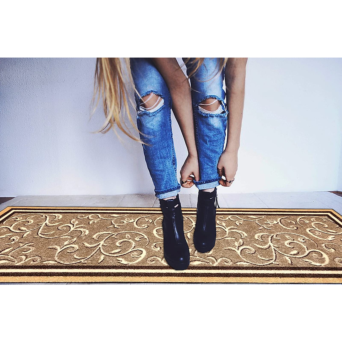 Kitchen Rug Non-Skid Runner Mat Non-Slip Rug for Kitchen Floor with Rubber Backing Floor Mat | Low Profile (20" x 59") (1999-Beige)