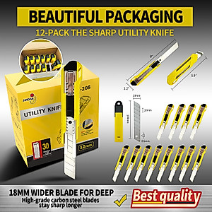 JIANGHUA 12-Pack Utility Knife, Box Cutter Retractable Razor Knife with 30PCS Extra Snap Off Blades, 18mm Wide Sharp Blade Cutter for Office, Home, Arts Crafts, Hobby
