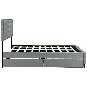 Linique Queen Size Upholstered Platform Bed with Headboard, Trundle and 2 Storage Drawers, Wooden Bed Frame, Grey