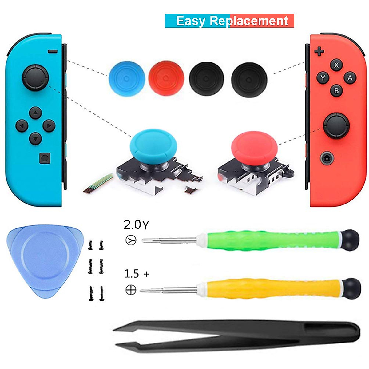 Vanjunn Joycon Repair Tool Kit for Nintendo Switch OLED and Switch 2017, Replacement Thumb Joystick with Latches and Screwdrivers Kit,4 Analog 3D Thumb Sticks and Thumbstick Caps
