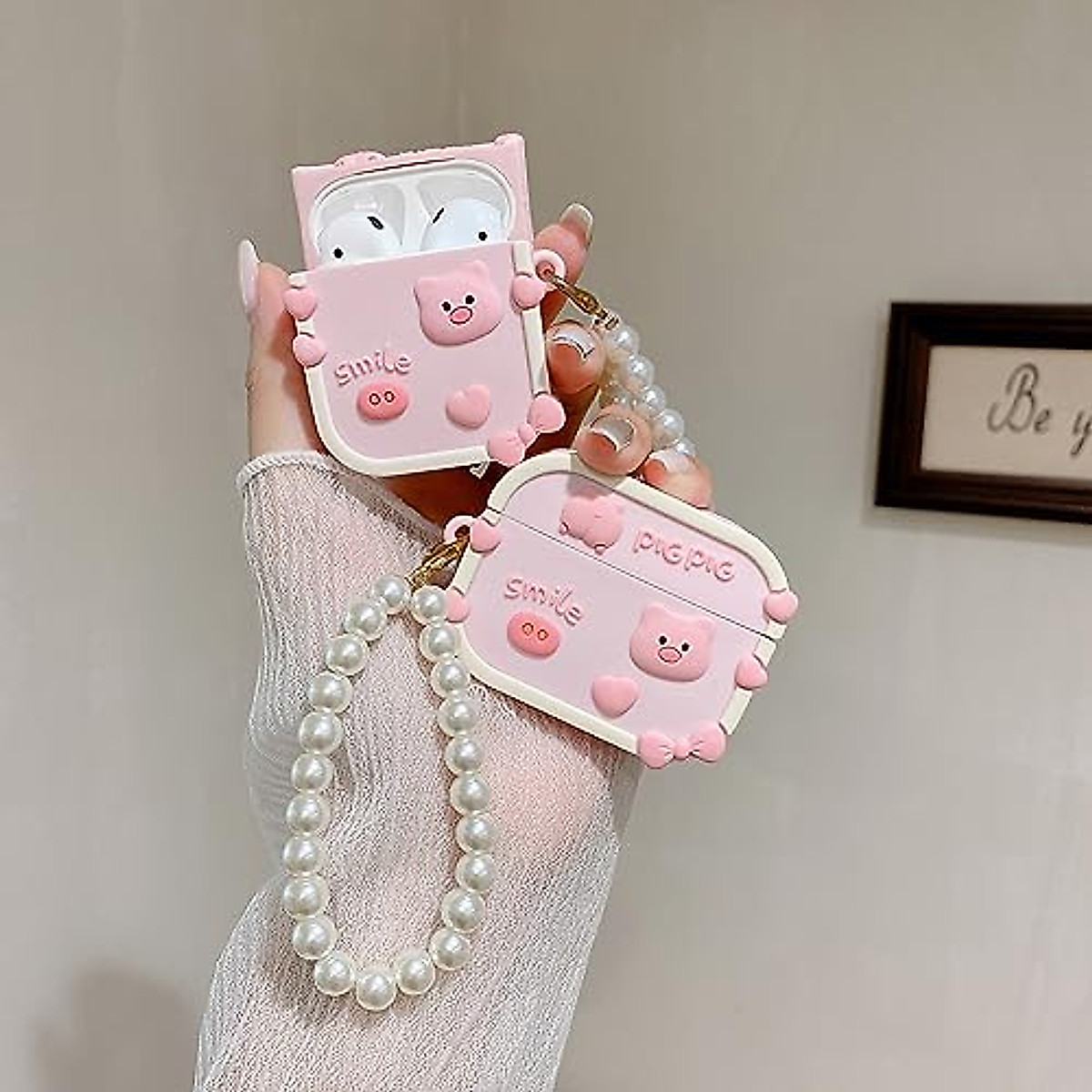 QIXIU for AirPods Pro Case Cover with Pearl Bracelet,Full Protective Silicone Skin Accessories for Women Girl,Kawaii Cute Piglet Wireless Charging Headset Accessories,Pink