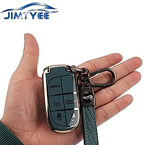 Jimtyee for Jeep Key Fob Cover with Keychain Soft TPU Car Key Case Shell Protection Compatible with Grand Cherokee Renegade Chrysler Dodge Ram Smart Key(Blue)