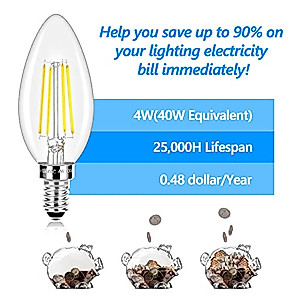 LED Candle Bulbs 40W Equivalent, E12 Candelabra Light Bulbs 4W 470Lm Clear Edison LED Bulbs, Daylight White 5000K Classic Bright Filament Bulbs, Non-Dimmable Decorative Bulbs for Lamps, Pack of 5