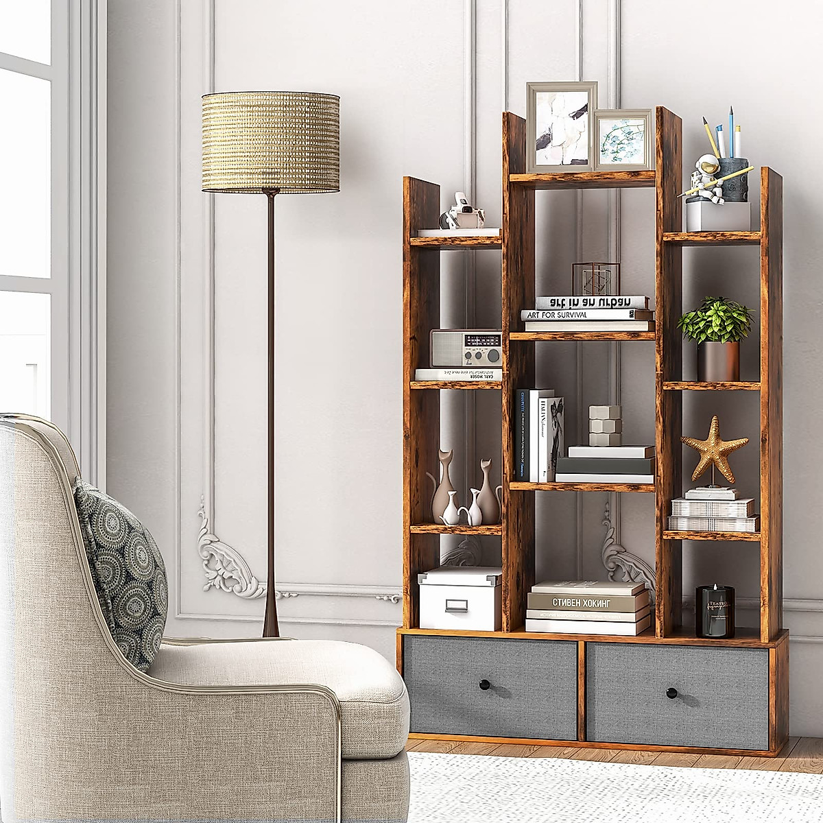 Giantex 9-Cube Bookcase with 2 Drawers - Industrial Freestanding Open Display Shelving with Anti-toppling Device, 12 Storage Shelves, Wooden Tree Shaped Bookshelf for Living Room, Rustic Brown