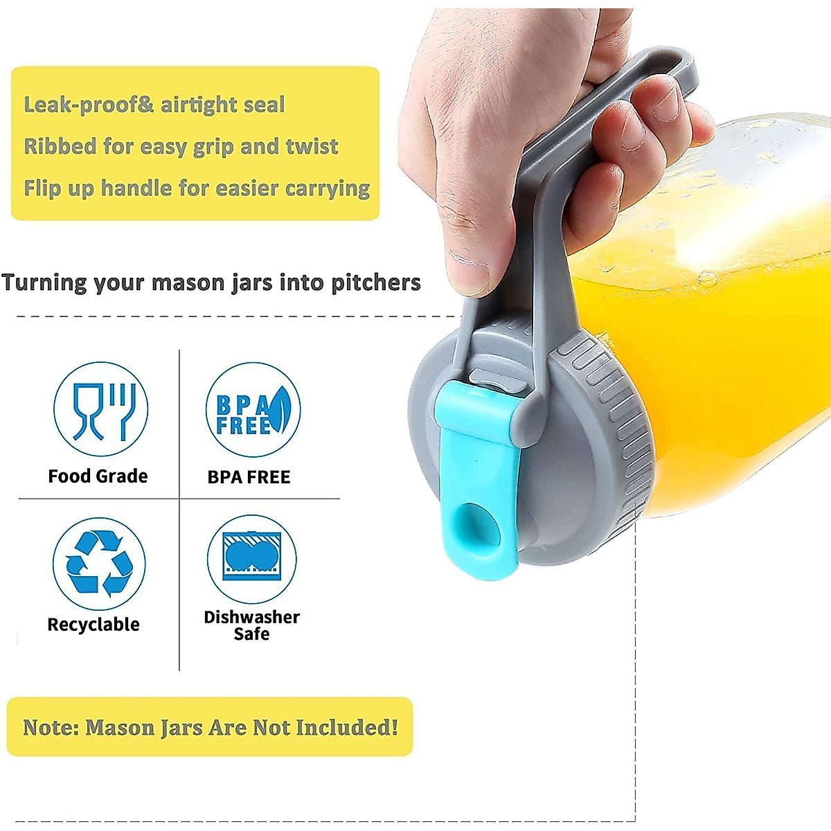 2 Pack Wide Mouth Mason Jar Lids for Ball Mason Jars, Including Mason Jar Pour Spout Lids with Handle, Innovative Flip Cap Lids, for Pouring, Drinking and Airtight Storage (Blue)