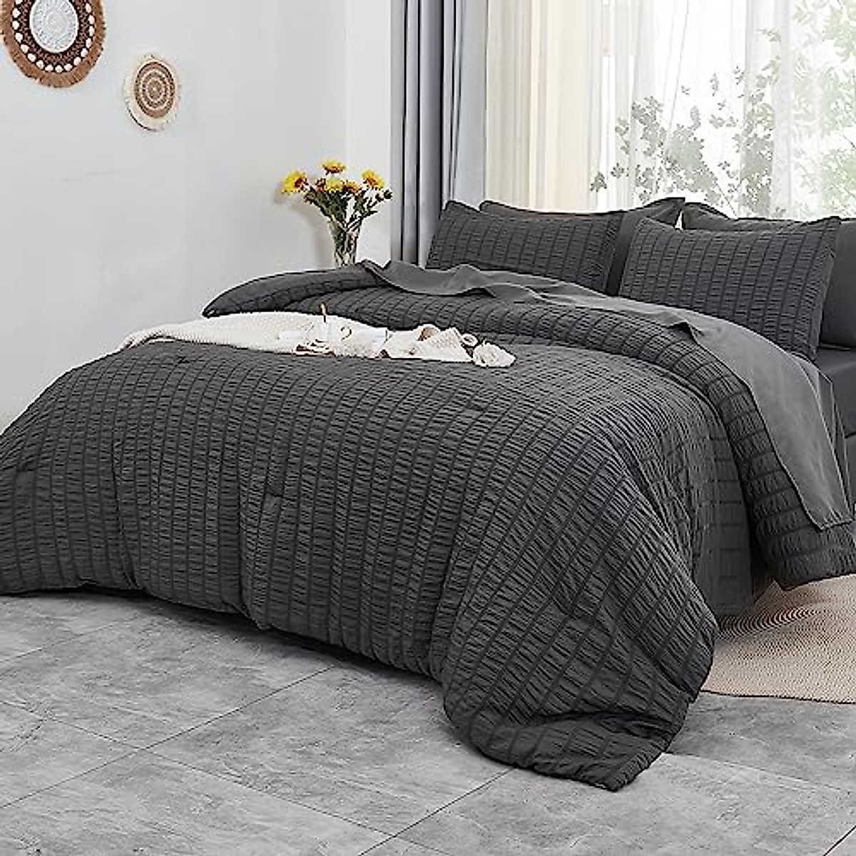 AveLom Dark Grey Comforter Queen Size Set with Sheets - 7 Pieces Bed in a Bag Seersucker Complete Bedding Set, All Season Lightweight Bed Set with Comforter, Sheets, Pillowcases & Shams