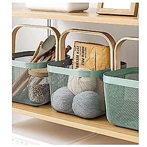 HOJKMA Mesh Steel Storage Organizer Basket, Multi-Functional Metal Wire Hanging Kitchen Baskets Fruit Basket with Bamboo Handle Ideal for Kitchen, Bathroom, Pantry, Cabinet Home, Shopping, Green