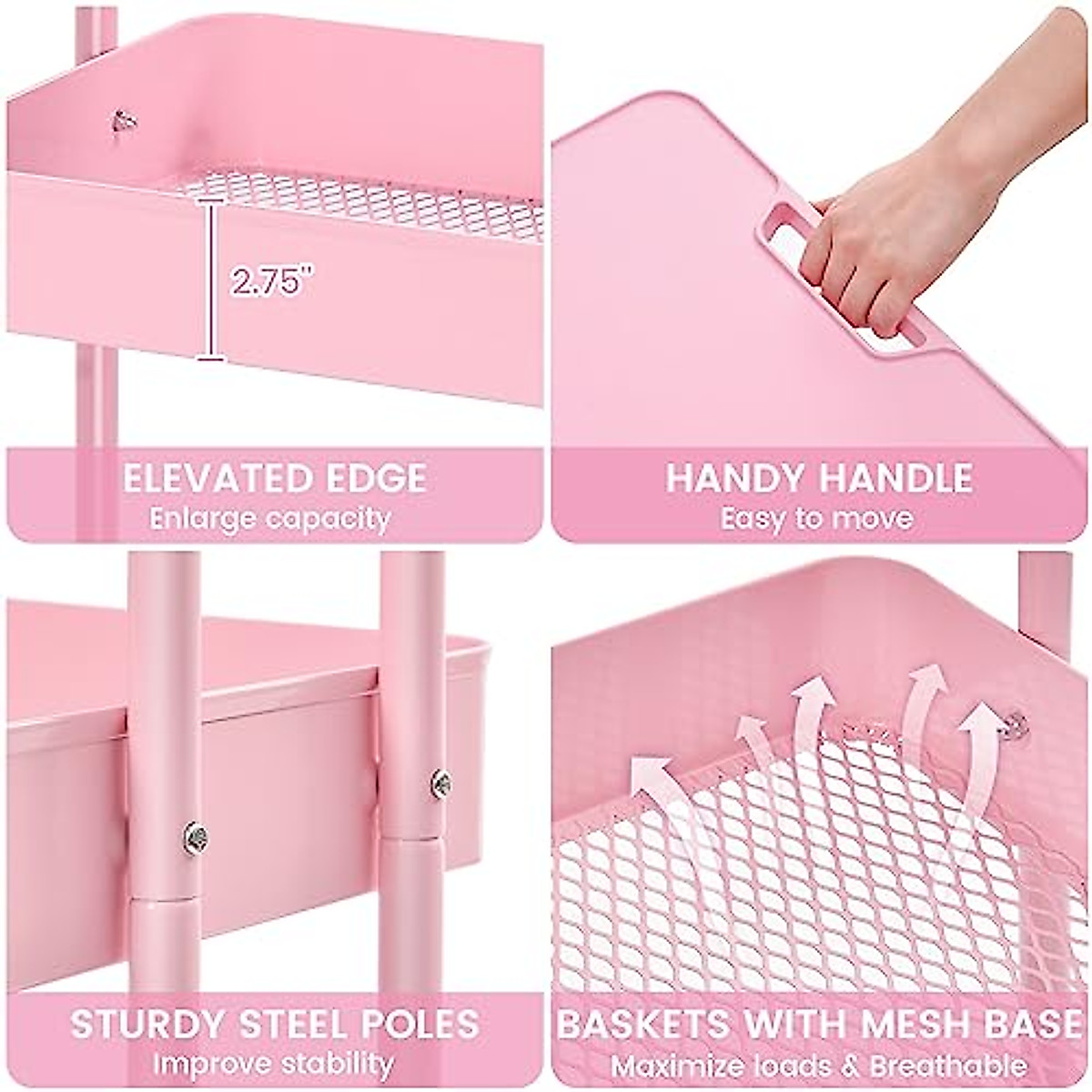 TOOLF Rolling Storage Cart with Drawer & Table Top, 3 Tier Metal Rolling Utility Cart, Rolling Cart Organizer for Teacher Craft Baby Nursery, Utility Cart for Kitchen Bathroom Bedside Office(Pink)