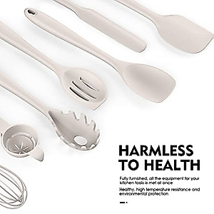 Dishwasher Safe Silicone Cooking Utensils Set - 446°F Heat Resistant Basic Silicone Kitchen Utensils,Turner Tongs, Spatula, Spoon, Brush, Whisk, Gadgets Tools for Nonstick Cookware (BPA Free - Khaki)