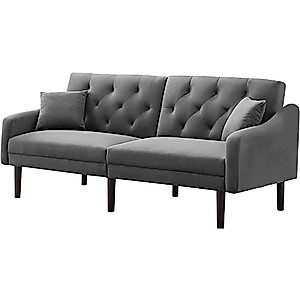 DNYN Convertible Sleeper Futon Sofa with 2 Pillows, Velvet Tufted Couch w/Metal Legs and Adjustable Backrest, for Apartment Office Small Space Living Room Furniture, Gray