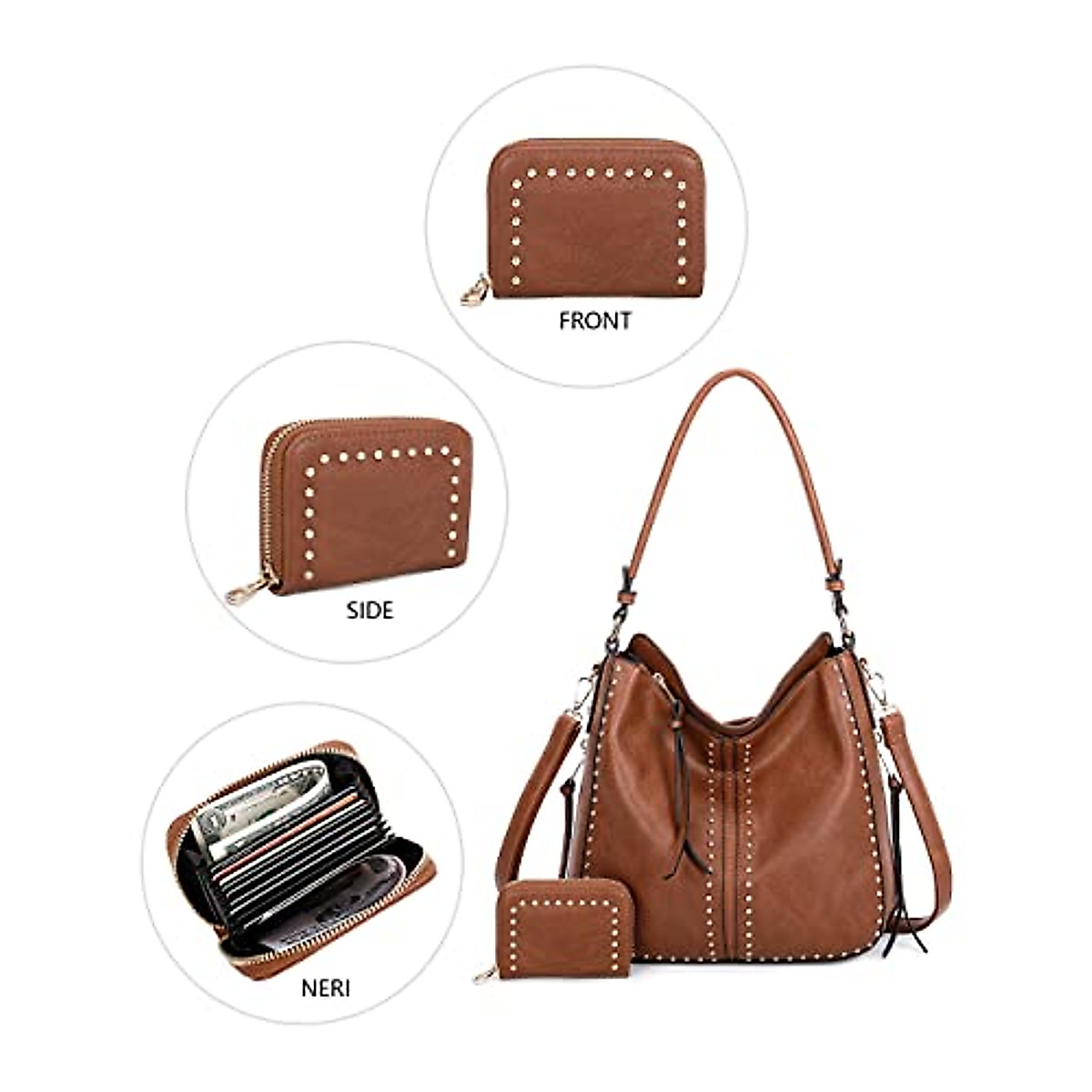 Concealed Carry Hobo Bag Crossbody Purse Shoulder Bag Hand Bag Wallet Studded Faux Leather Women Tote Bag (Brown)