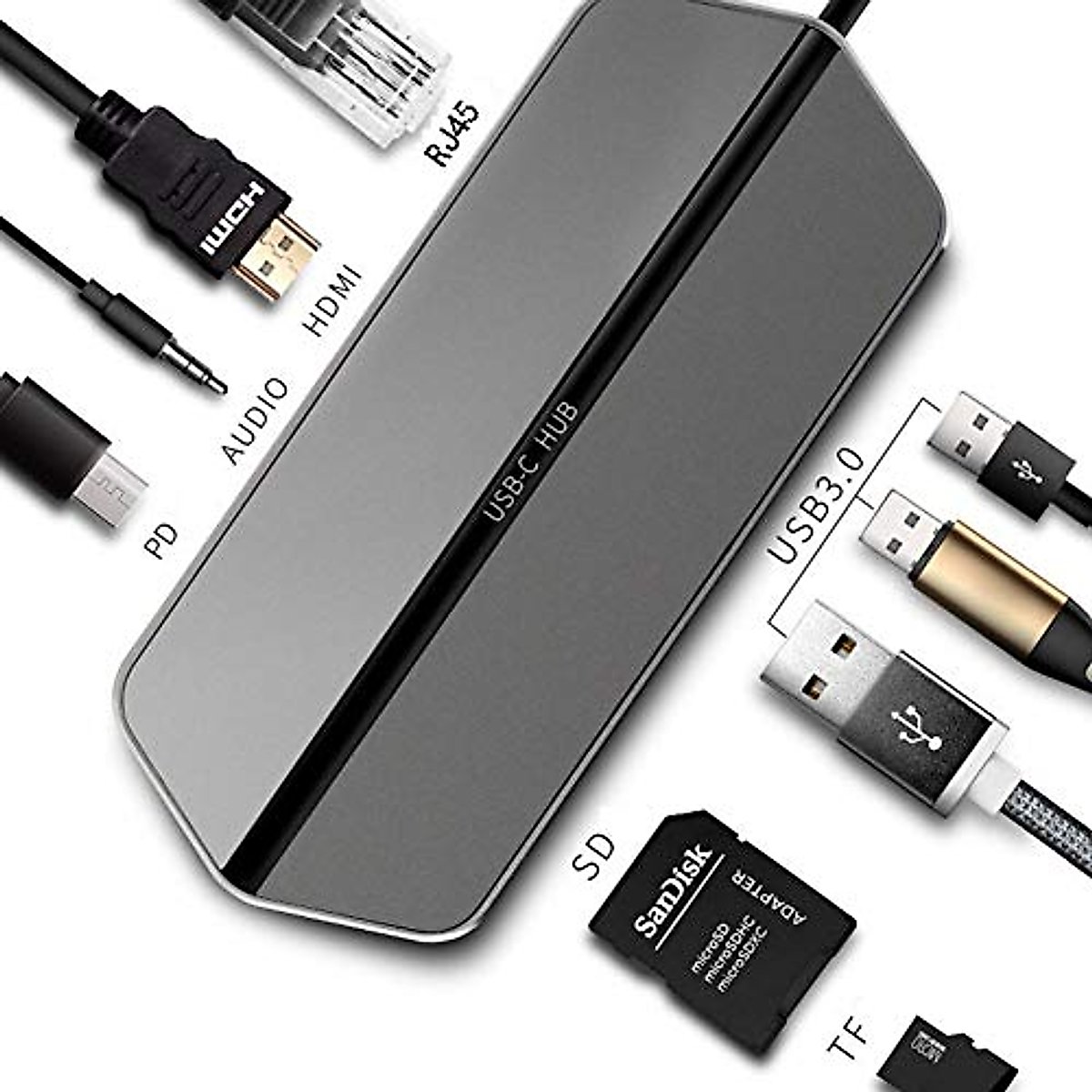 XUNMAIFHB Portable Docking Station,9-in-1 Multi-Function Type-C Docking Station HUB USB-c HDMI Female, USB3.0, Gigabit Network Card, SD Card, TF Card, 3.5MM Audio Interface Fast Transmission