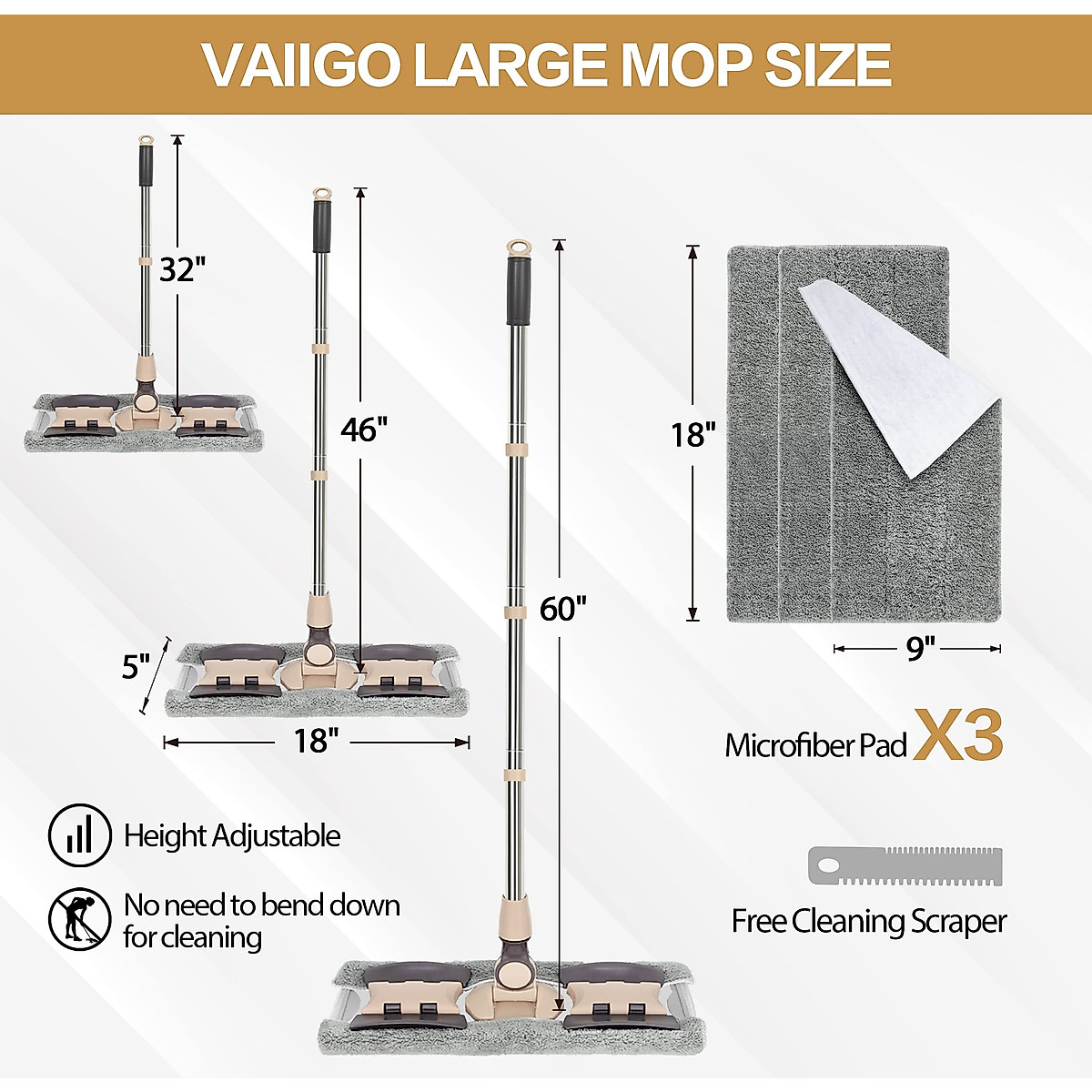 VAIIGO Professional Microfiber Mops for Hardwood Floor Cleaning, 18" Commercial Dust Flat Mops with 3 Reusable Mop Pads and Adjustable Handle, for Home, Office, Hotel Wet or Dry Floor Cleaning Mop