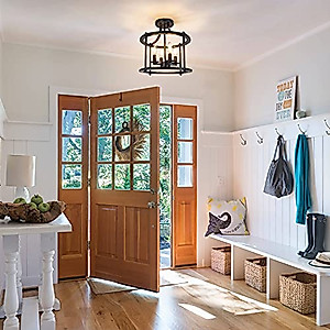 Farmhouse Semi Flush Mount Ceiling Light Fixture, 4-Light Industrial Ceiling Light Matte Black w/ E12 Base Metal Rustic Vintage Chandelier Lighting for Kitchen Dining Room Hallway Entryway Bedroom