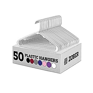 Zober Plastic Hangers 50 Pack - Standard Set of Clothes Hangers for Coats, Jackets & Pants - Slim Coat Hanger Set for Everyday Use - Clothing Hangers w/Hooks - Heavy Duty Hangers, White