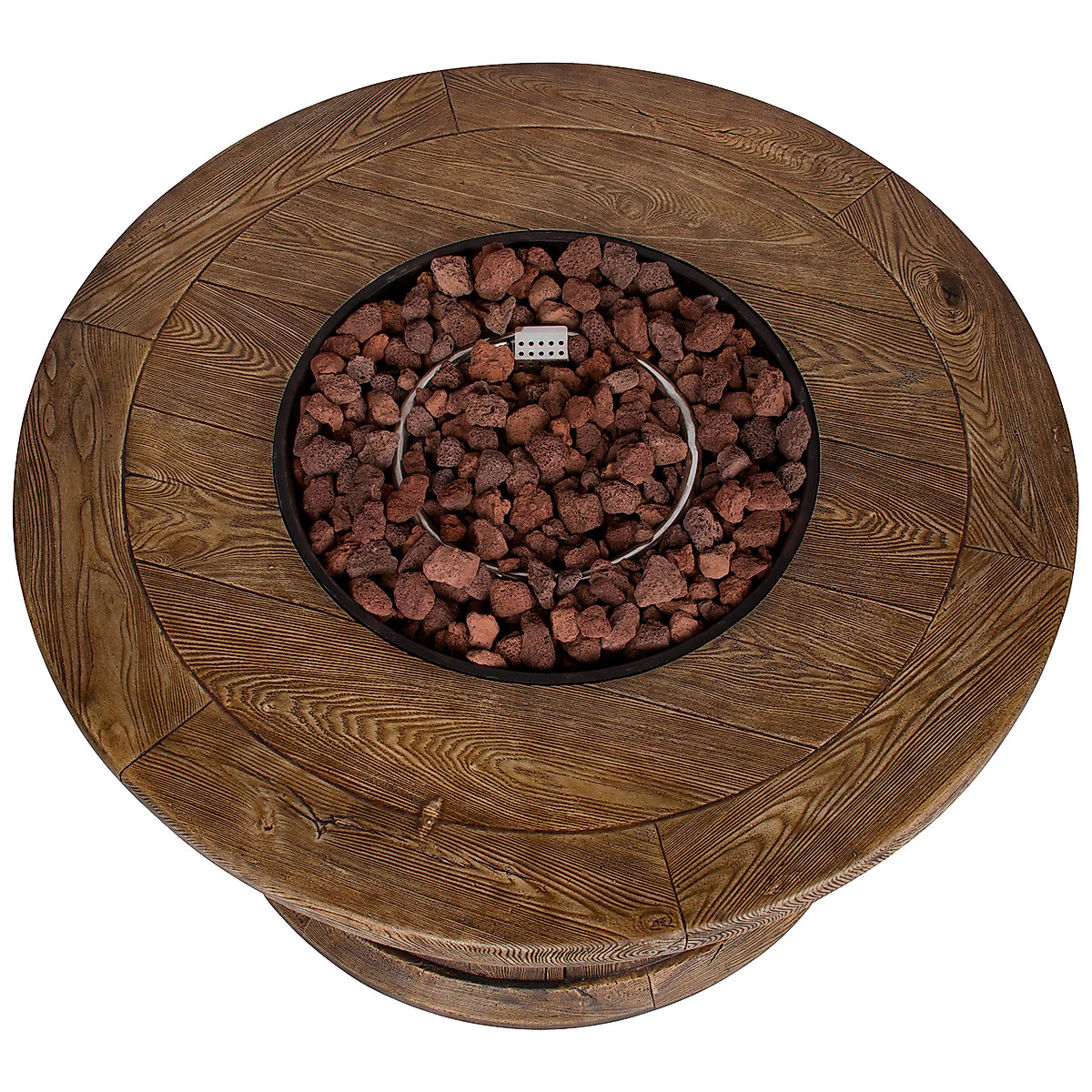 Shine Company Merida 40 in Round 50,000 BTU Outdoor Glass Fiber Reinforced Concrete Propane Gas Fire Pit Table w/GFRC Tabletop, Stainless Steel Burner, Lava Rocks, Natural Wood Look - Brown