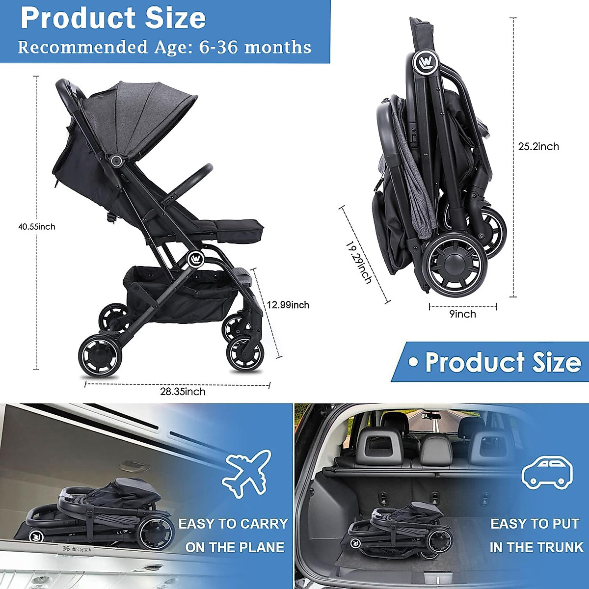 Rollingsurfer Lightweight Baby Stroller, Compact Travel Stroller with Sleep Shade, Oversize Basket, One Hand Easy Foldable Stroller for Airplane Travel and More