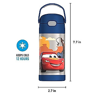 THERMOS FUNTAINER 12 Ounce Stainless Steel Vacuum Insulated Kids Straw Bottle, Cars