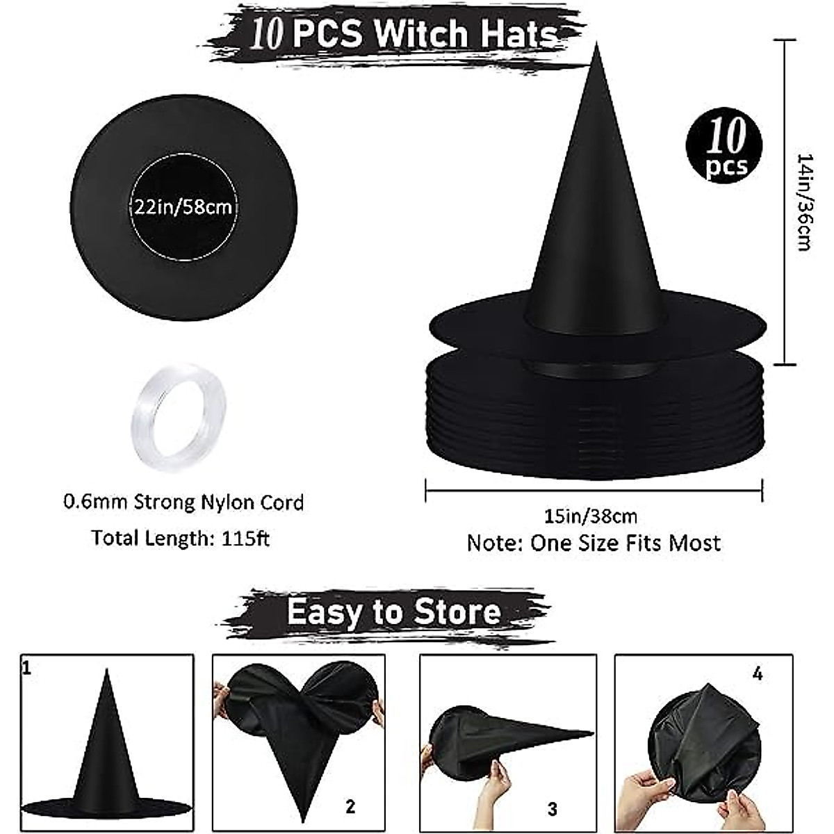 XIGUA 10 Pieces Halloween Costume Witch Hat, with 100 Yards Hanging Rope, Halloween Black Witch Hats Costume Accessory Decorations, Black Witch Hat for Halloween Party Yard Decoration