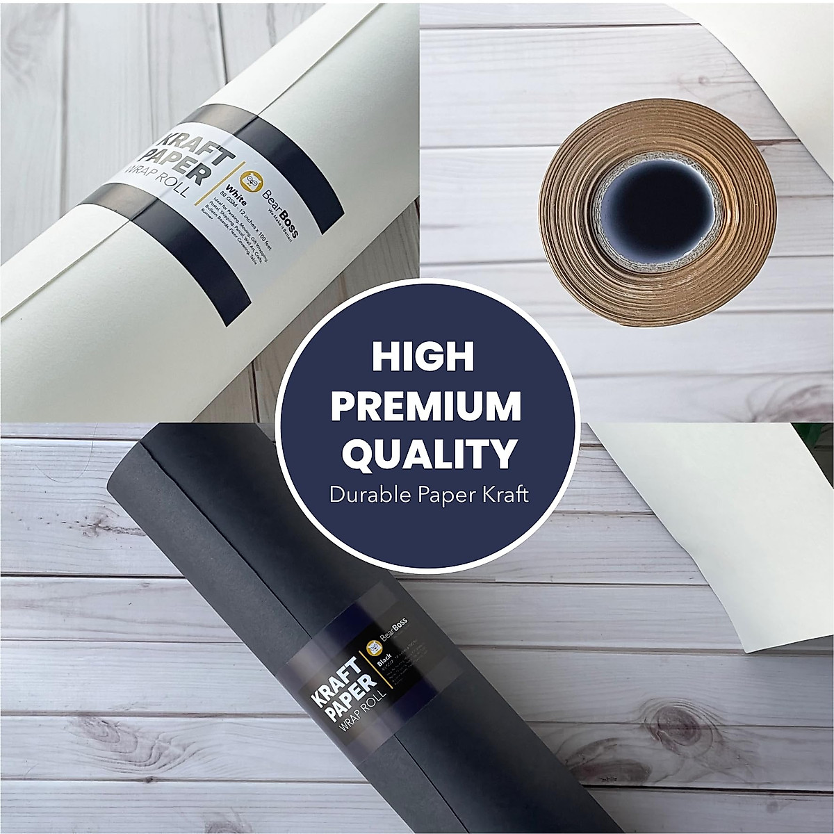 BearBoss 3 Kraft Paper Roll - Brown Black White - 12 inches x 100 feet - Paper Perfect for for Crafts, Art,Small Wrapping, Packing, Postal, Shipping, Dunnage & Parcel, Special Package