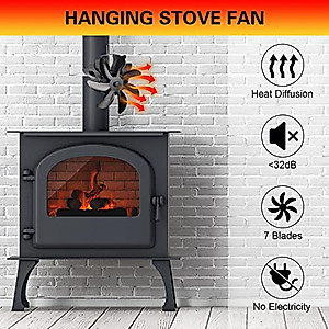 LAMA Heat Powered Wood Stove Fan, Upgrade 7 Blades Flue Pipe Hanging Fireplace Fan, Heat Activated Fan, Log Burner Fan with Stove Thermometer for Wood Burning Stove/Gas/Pellet/Log, Black