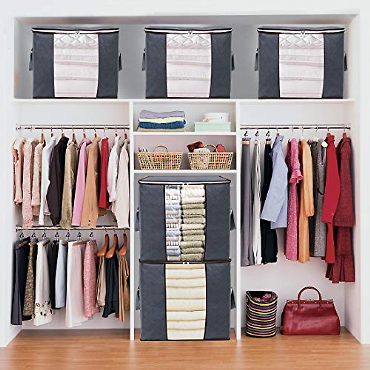 Kernorv Large Capacity Clothes Storage Bags, Set of 3 Breathable Foldable Durable Thick Fabric blanket Closet Organizer with Sturdy Zipper for Clothes,Comforters,Blankets,Pillows,Bedding (Grey)