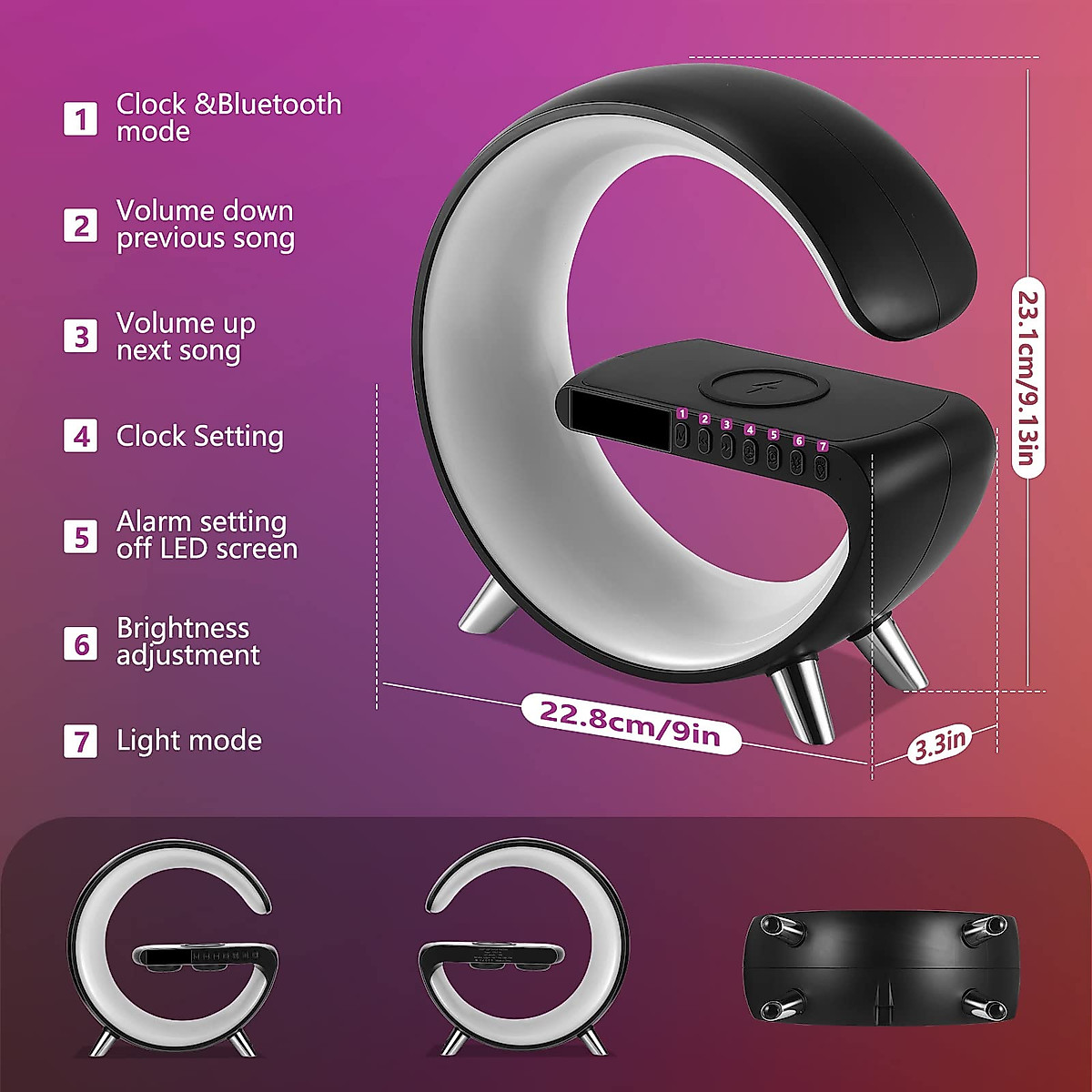 Wireless Charger Atmosphere Lamp, 2025 New Intelligent LED Table Lamp, Bluetooth Speaker, Dimmable Night Light Bedside Lamp Alarm Clock with Music Sync, App Control for Bedroom Home Decor Gift (Black)