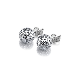 Bohemian Women 925 Sterling Silver Earrings - 7mm Hollow Pattern Ball Pendant - Silver Stud Earrings - 24k Gold Plating Fine Jewelry Gifts