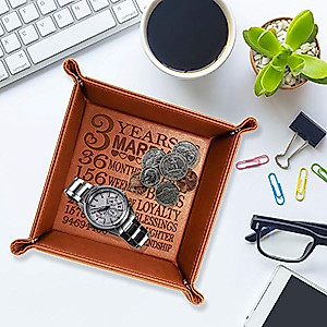 Kate Posh - 3 Years of Marriage Engraved Leather Catchall Valet Tray, Our 3rd Wedding Anniversary, 3 Years as Husband & Wife, Gifts for Her, for Him, for Couples (Rawhide)