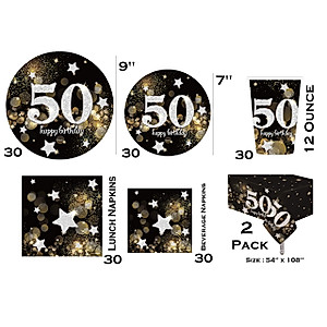 Serves 30 | Essential 50th Party Pack | Happy 50th Birthday | 9" Dinner Paper Plates | 7" Dessert Paper Plates | 12 oz Cups | 3 Ply Napkins | Cake Topper | Candle | Photo Props | Banner | Tablecover