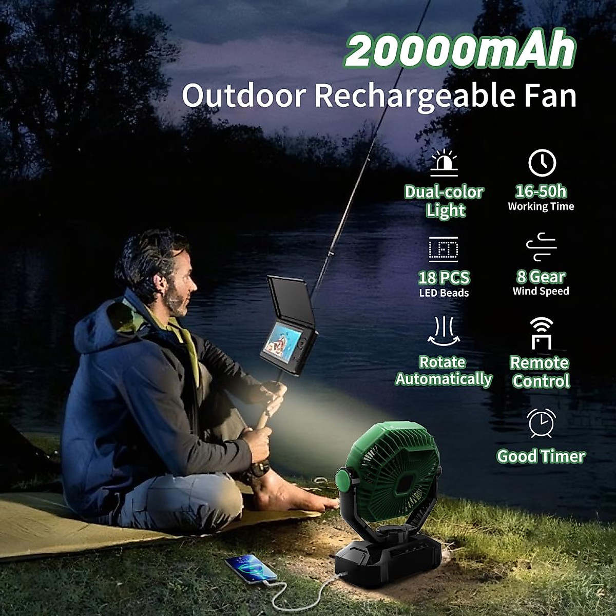 Minlebao Portable Camping Fan with LED Lantern,20000mAh Battery Operated,7-In Rechargeable Fan,Remote Control & Strong Hook & Rotate Head,8 Adjustable Speed, Tent FanTable Fan for Camping Fishing