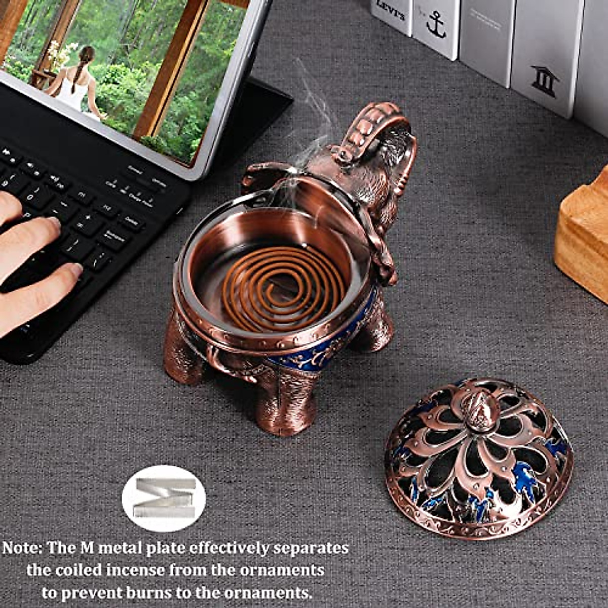 SogYupk Elephant Incense Burner with Lid,Metal Incense Holder Office/Home/Bathroom Vintage Incense Burner Decorative Ornaments,Handmade Incense Burner Gift for Meditation Yoga Lovers(Blue)