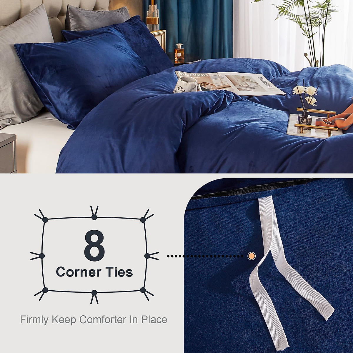 HYBD Soft Velvet Duvet Cover King Size - Breathable & Lightweight Duvet Cover Set 3 Pieces, 1 Duvet Cover 104x90 inches & 2 Pillow Shams, Royal Blue