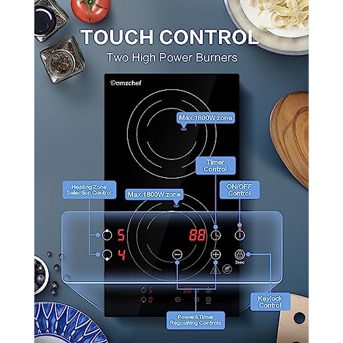 AMZCHEF Electric Induction Cooktop 2 Burners,12" Electric Stove Top with Plug 1800W, 120V, 9 Power Levels, Child lock, Timer, Touch Control, Induction Stove for Fast Cooking, Bulit-in&Countertop