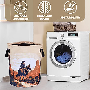 Western Cowboy Laundry Basket Desert Riding Foldable Oxford Cloth Funny Tote Bag Laundry Hamper Clothes Storage Bucket Organizer For Bathroom/Laundry Storage/Bedroom18.9x16.5 Inch