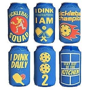 Brew Pants Pickleball Themed Coozies - Great Gift for Any Pickleballer - Premium Neoprene Material - 6 Pack (Standard 12oz Beer/Soda Can) (Design Set 1)