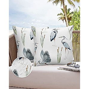 Vandarllin Outdoor Throw Pillows Covers 16X16 Set of 2 Waterproof Heron Wildlife Decorative Zippered Lumbar Cushion Covers for Patio Furniture, Birds in The Water Reeds