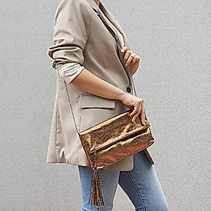 JNB Women's Cracked Metallic Fabric Foldover Clutch with Tassel, Bronze