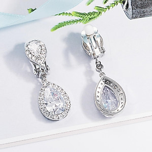 SELOVO Cubic Zirconia Wedding Bridal Clip on Teardrop Drop Earrings for Women Silver Tone