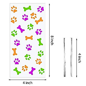Maitys 100 Pieces Paw Bone Print Treat Bags Cellophane Clear Food Bags with 200 Pieces Twist Ties for Candies Chocolate Cookies Dessert Snacks (Colorful)