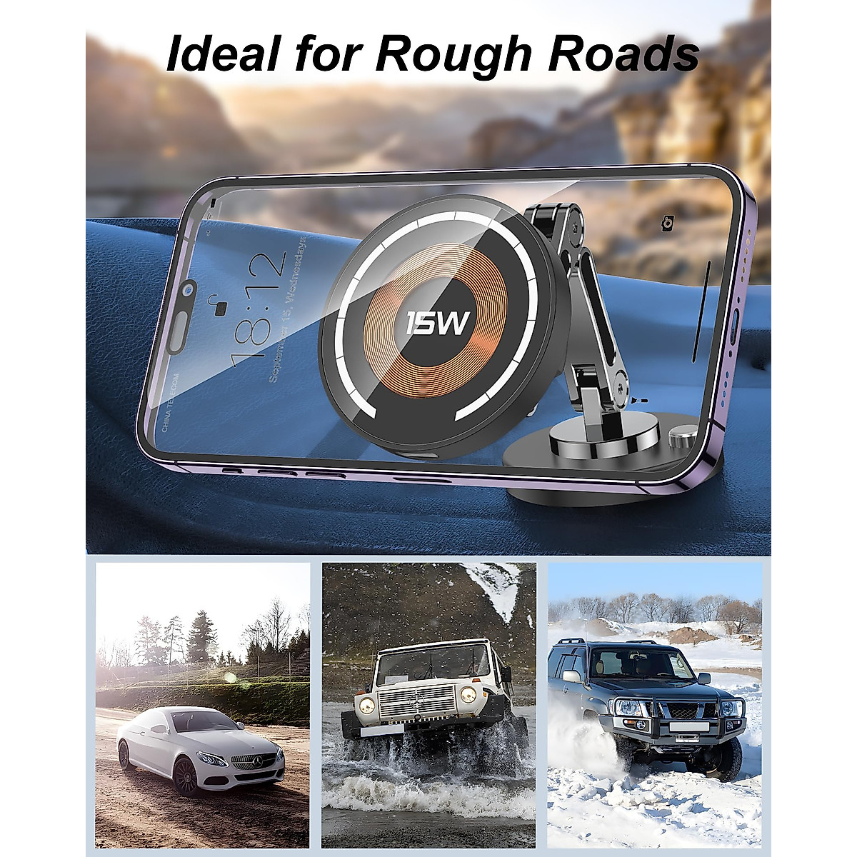 iAXBi Magnetic Car Mount Charger for MagSafe, 15W Wireless Fast Charger Phone Holder for Car with Adhesive, 360° Rotatable Zinc Alloy Handsfree Phone Stand