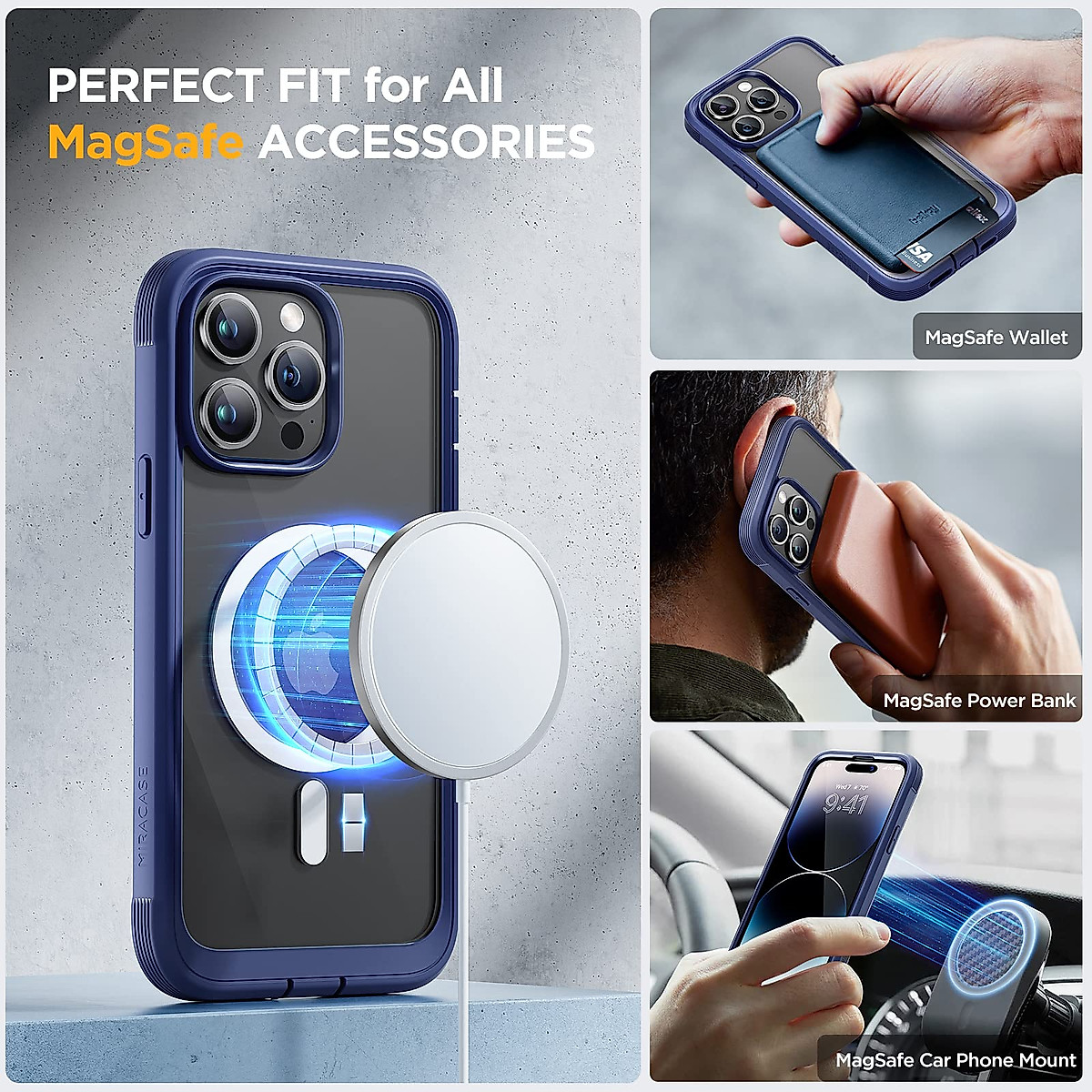 Miracase Magnetic for iPhone 14 Pro Case, [Compatible with MagSafe] [Built-in Tempered Glass Screen Protector] Full-Body Rugged Protective Case with Camera Lens Protector, Gem Blue